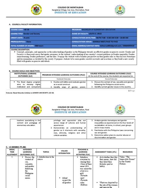 Syllabus Ge 10 Gender And Society Pdf Sexual Orientation Gender