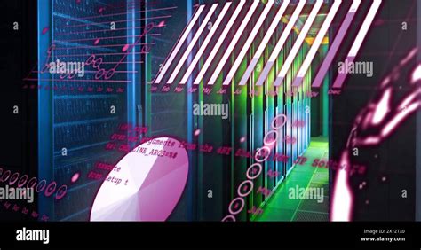 image of graphs globe and computer language over data server room