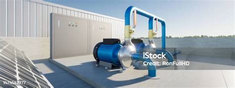 물 탱크 옥상에 있는 물 펌프 스테이션의 3d 렌더링 원심 펌프 전기 모터 파이프 라인 밸브 및 전기 제어 상자를 포함합니다 분배 용수를위한 산업 작업의 기계 제어에 대한