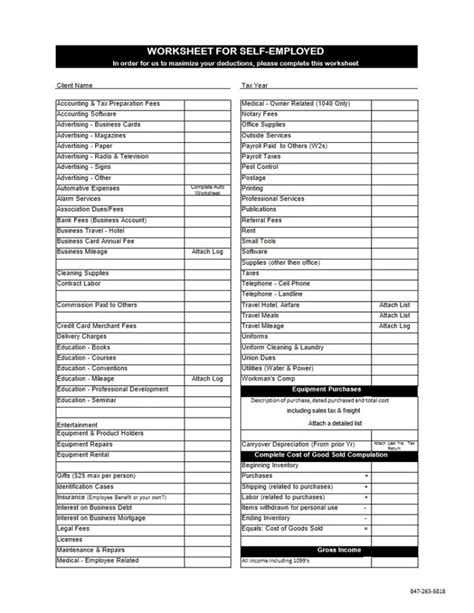 Anchor Tax Service Self Employed General Worksheets Library