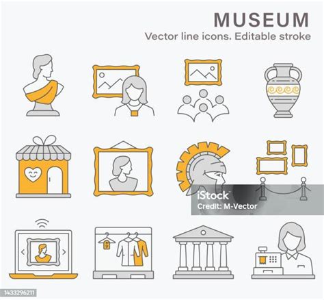 박물관 아이콘 전시 문화 골동품 헬멧 등과 같은 전시 흰색에 격리된 벡터 일러스트레이션입니다 편집 가능한 스트로크 개념에 대한