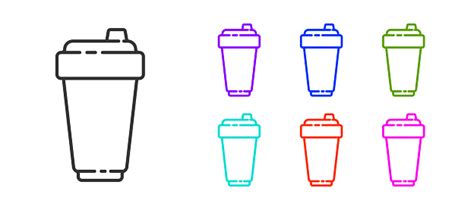 흰색 배경에 격리 된 검은 선 피트니스 셰이커 아이콘입니다 물과 단백질 칵테일을 위한 뚜껑이 있는 스포츠 셰이커 병 다채로운