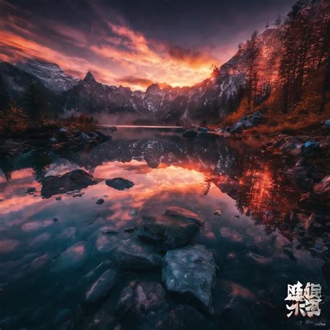 바위와 나무가 있는 산 호수 위에 아름다운 일몰 Seaart Ai