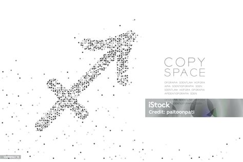 기 원형 도트 픽셀 패턴 궁수자리 조디악 기호 셰이프를 추상 별자리 개념 디자인 블랙 색상 그림 복사 공간 벡터 Eps 10와 흰색 배경에 스타 0명에 대한 스톡 벡터 아트