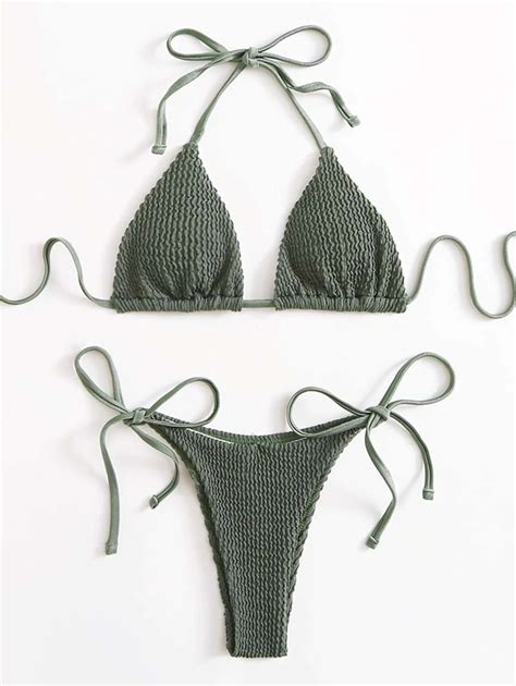 Shein Swim Basics Textured Bikini Set Halter Triangle Bra Top And Tie