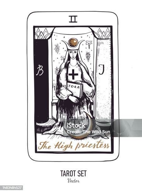 벡터 손으로 그린 타로 카드 덱입니다 대제사장 아르카나 소령 빈티지 스타일이 새겨져 있습니다 오컬트 영적 및 연금술 상징주의