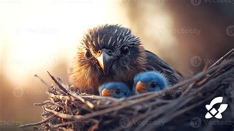 A Mother Bird Watches Over Her Two Blue Chicks In A Cozy Nest During A