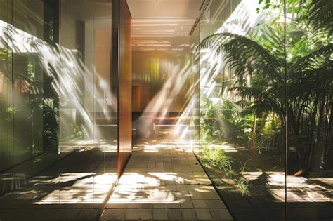 창문과 식물로 가득 찬 방 내부와 외부 공간의 경계를 흐리게 하여 현실과 상상 사이의 경계를 흐릿하게 만니다 프리미엄 Ai 생성 이미지