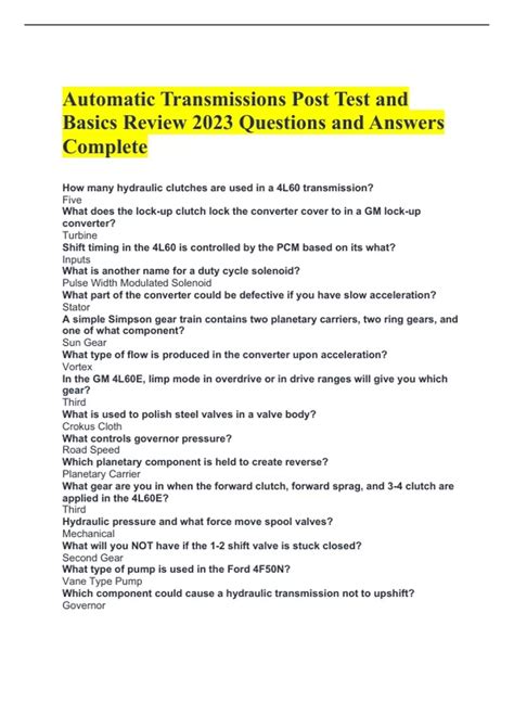 Automatic Transmissions Post Test And Basics Review 2023 Questions And