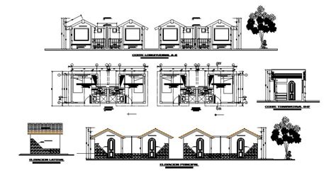 Elevation Plan And Sectional Details Of Single Story Building Autocad