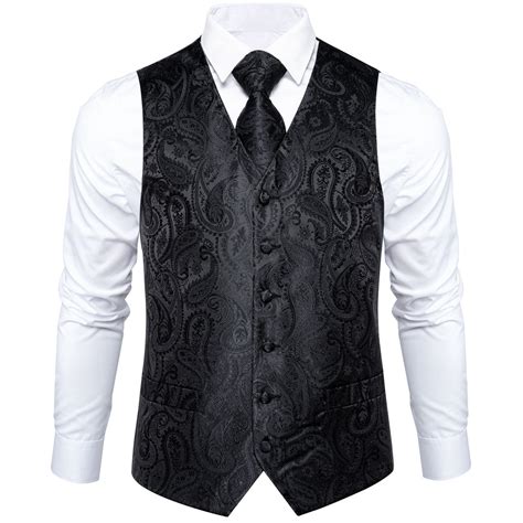 Dibangu Mens Suit Vest Black Paisley Silk Waistcoat Vest Tie Set