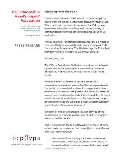 B C Principals And Vice Principals Association Press Release