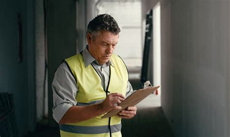 건물 계약자 건설 및 규정 준수 유지 보수 및 개조 점검을위한 체크리스트 엔지니어 종이 또는 계약자가 산업 현장의 엔지니어링 프로젝트를 읽고 쓰고 분석 클립 보드에 대한
