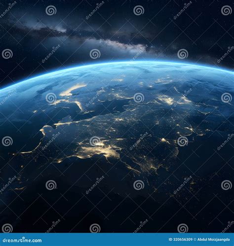 Earths Curvature And Illuminated Continents Against Milky Way In Mesmerizing Space View Stock