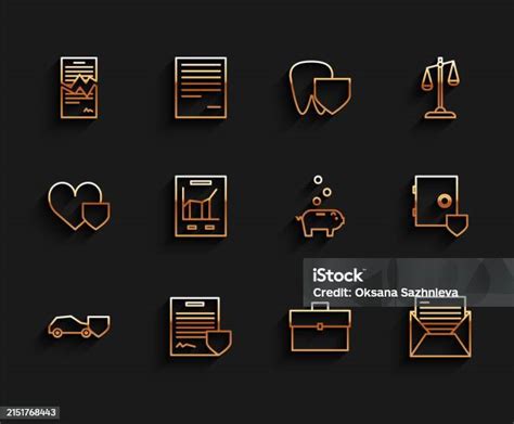 방패 계약 찢어진 계약 서류 가방 메일 및 이메일 문서 그래프 차트 금고 및 돼지 저금통 동전 아이콘과 라인 자동차를 설정합니다 벡터 가방에 대한 스톡 벡터 아트 및 기타