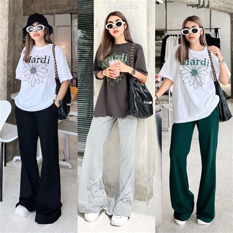 เซทเสื้อยืดแขนสั้น ทรง Oversize มาพร้อมกางเกงขายาว ทรงขาม้าเกร๊ๆ ชุดเซต ชุดเซ็ท Yunaka