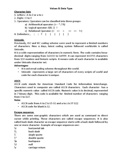 values and data type character sets pdf data type variable