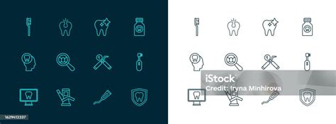 세트 라인 치통 진통제 정제 의료 치과 의자 치과 거울 및 프로브 치약 튜브 검색 미백 칫솔 및 깨진 아이콘 벡터 건강 진단에 대한 스톡 벡터 아트 및 기타 이미지 Istock