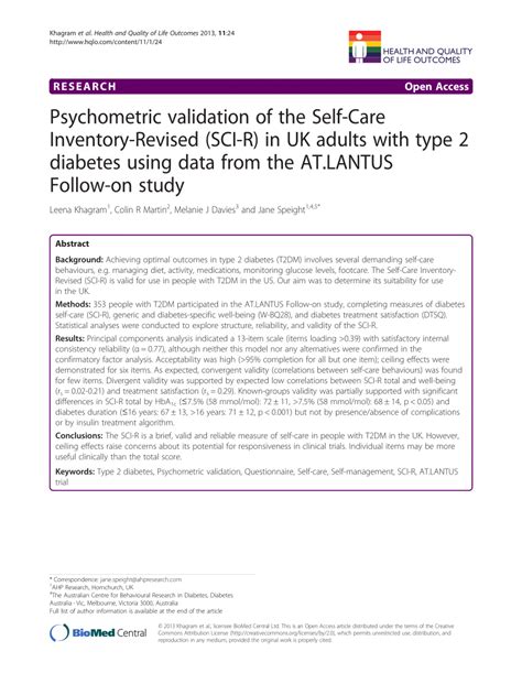 Pdf Psychometric Validation Of The Self Care Inventory Revised Sci R In Uk Adults With Type