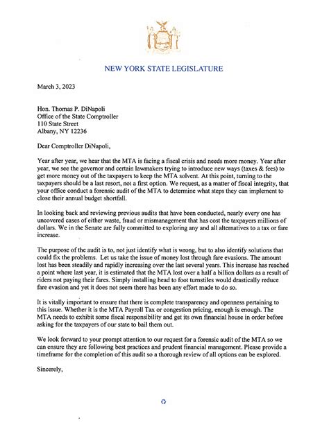 Senator Martins Letter To Comptroller Dinapoli Regarding The Mtas