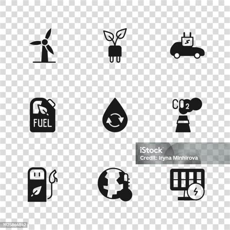 지구 온난화 Co2 배출 구름 태양 에너지 패널 깨끗한 물 재활용 전기 자동차 풍력 터빈 플러그 리프 절약 및 바이오 연료 용기 아이콘으로 지구 녹기를 설정합니다 벡터 0