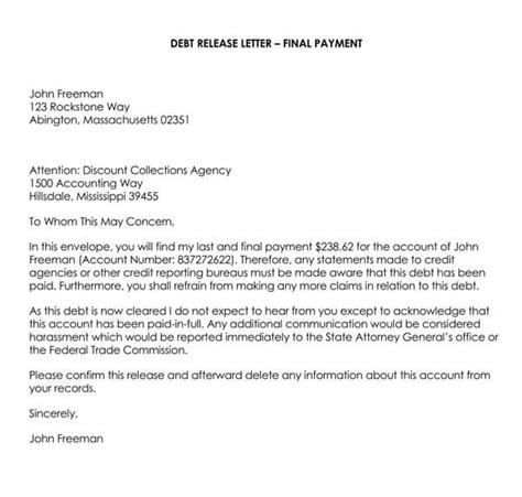 Debt Release Letter After Final Payment Free Samples