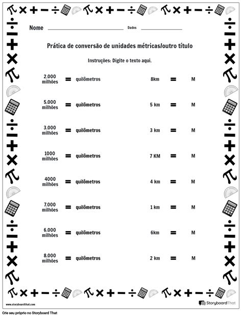 Planilha De Medição De Unidades Com Borda Matemática Preto E Branco