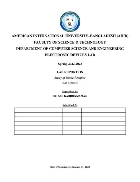 Study Of Diode Rectifier Lab Report AMERICAN INTERNATIONAL UNIVERSITYBANGLADESH AIUB