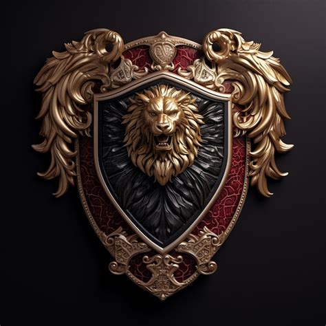 Premium Ai Image There Is A Gold Lion Head On A Black Shield With Red Accents Generative Ai