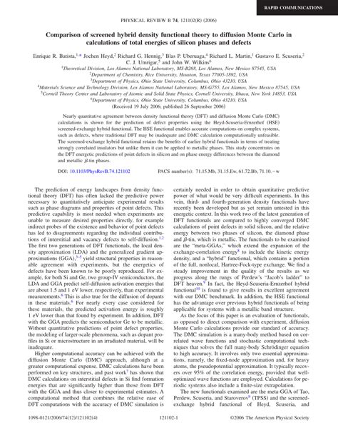 Pdf Comparison Of Screened Hybrid Density Functional Theory To Diffusion Monte Carlo In