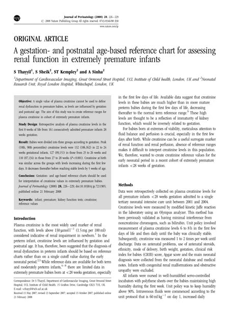 Pdf A Gestation And Postnatal Age Based Reference Chart For Assessing Renal Function In