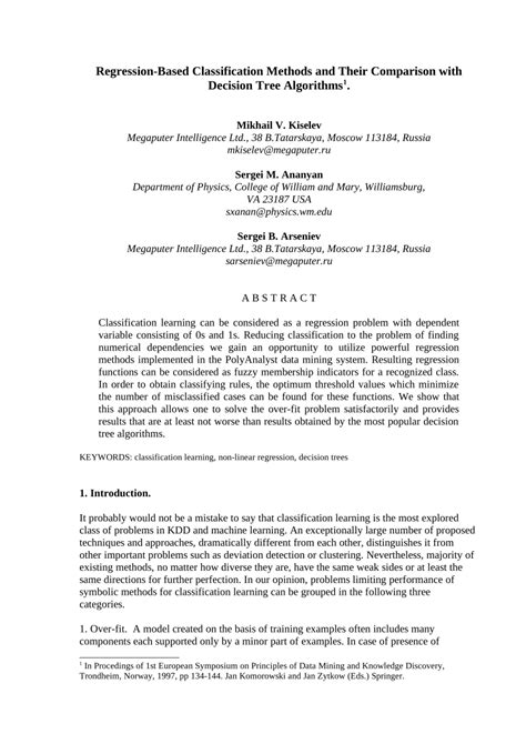 Pdf Regression Based Classification Methods And Their Comparison With Decision Tree Algorithms
