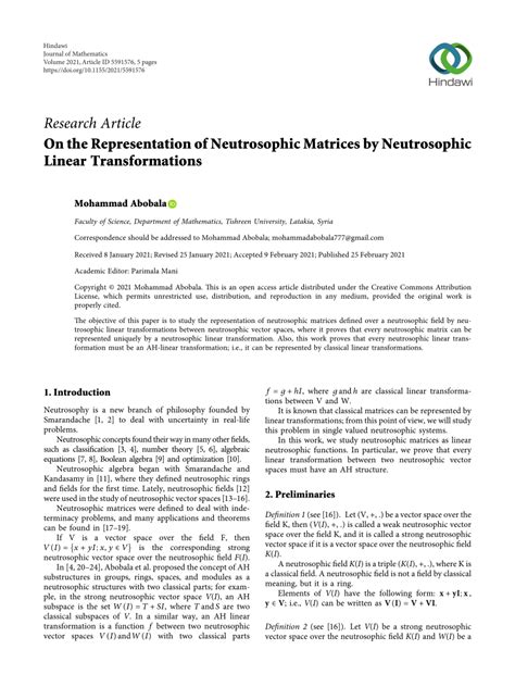 Pdf On The Representation Of Neutrosophic Matrices By Neutrosophic Linear Transformations