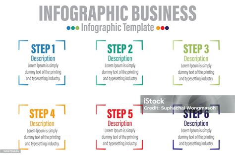 6단계 워크플로우 프레젠테이션 벡터 인포그래픽이 있는 최신 초점 타임라인 다이어그램 비즈니스를 위한 인포그래픽 템플릿입니다 0명에 대한 스톡 벡터 아트 및 기타 이미지