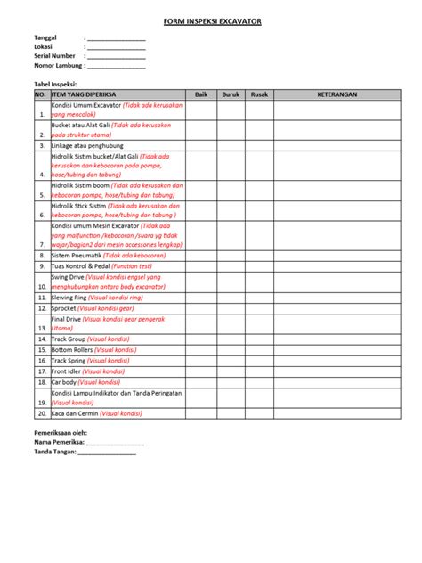 Form Ceklis Inspeksi Dozer Pdf