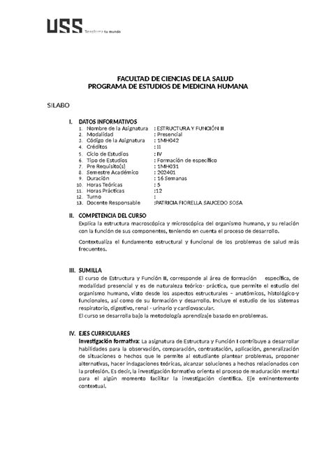 Silabo Estructura Y Función II FACULTAD DE CIENCIAS DE LA SALUD PROGRAMA DE ESTUDIOS DE