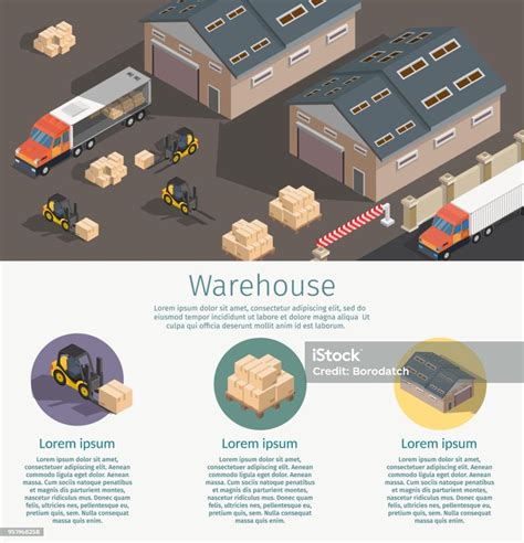 아이소메트릭 낮은 폴 리 창 고 외부 배달 그림 물류 개념 수출 트럭 인포 그래픽 인포그래픽에 대한 스톡 벡터 아트 및 기타 이미지 인포그래픽 창고 3차원 형태