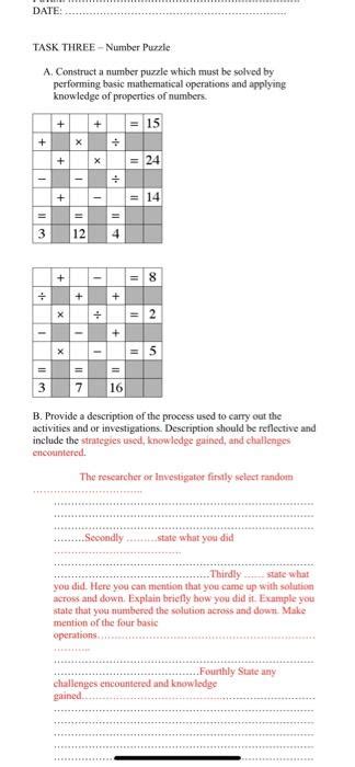Solved DATE TASK THREE Number Puzzle A Construct A Chegg Com