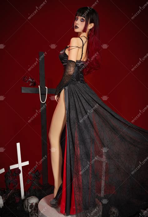 Gothic Dark Sexy High Slit Dress Outfit With Sleeves Necklace