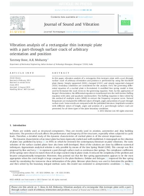Pdf Vibration Analysis Of A Rectangular Thin Isotropic Plate With A Part Through Surface Crack