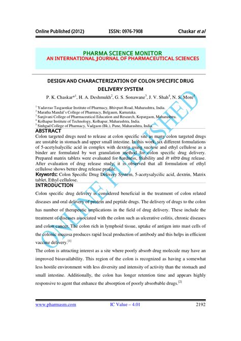 Pdf Design And Characterization Of Colon Specific Drug Delivery System