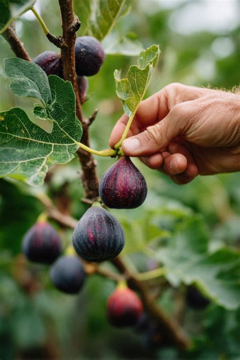 Hand Picking Ripe Figs On A Tree Branch In A Lush Garden Setting