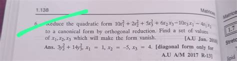 Reduce The Quadratic Form 10x 1 2 2x 2 2 5x 3 2 6x 2x 3 10x 3x 1