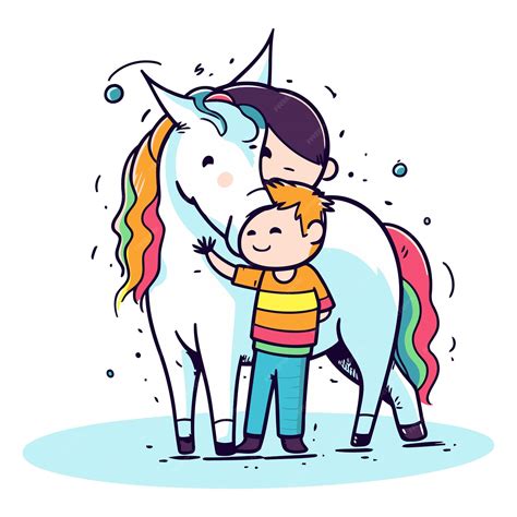Premium Vector Little Boy And A White Unicorn Cute Cartoon Vector