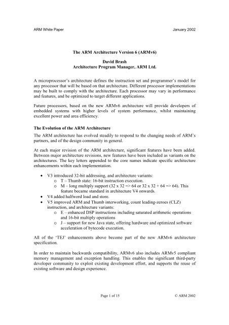 The Arm Architecture Version 6 Armv6 David Brash Architecture