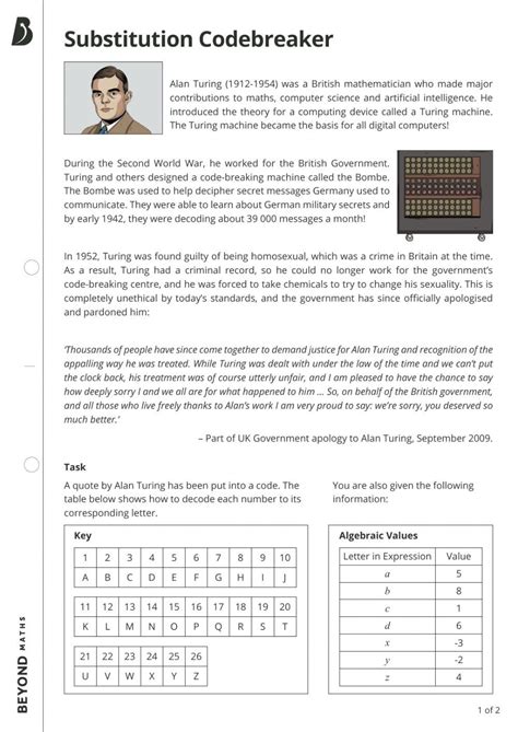 Substitution Worksheet Pre Algebra Alan Turing Algebraic Expressions