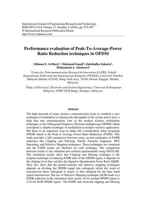 Pdf Performance Evaluation Of Peak To Average Power Ratio Reduction Techniques In Ofdm