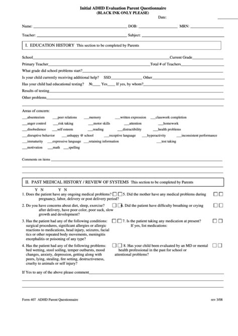 Form 407 Initial Adhd Evaluation Parent Questionnaire Printable Pdf