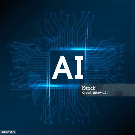 Ai 텍스트와 빛나는 회로 배경으로 컴퓨터 마더 보드 칩의 3d 렌더링 머신 러닝에 대한 스톡 벡터 아트 및 기타 이미지