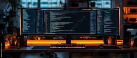Code On Computer Screens Symbolizing Technology And Programming Dark Background With